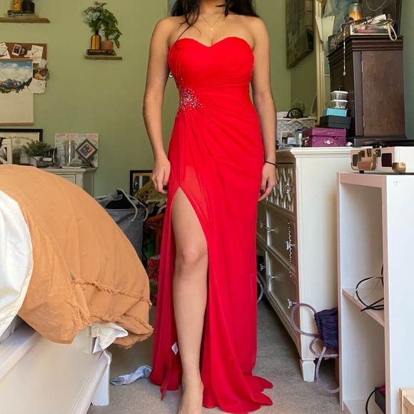 Xscape | Dresses | Beautiful Red Strapless Prom Dress With A Slit ...
